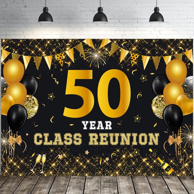 JOYMEMO 7x5ft 50 Year Class Reunion Backdrop - Black and Gold 50th ...