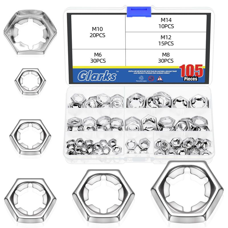 Glarks 105pcs M6 M8 M10 M12 M14 Push On Lock Nuts Assortment Kit, 304 ...