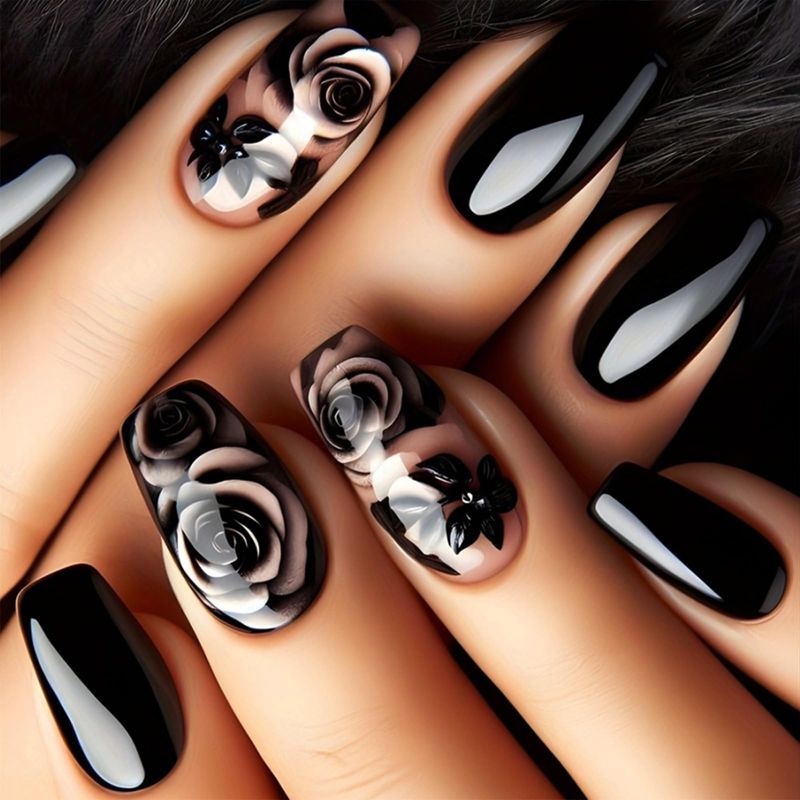 Rose Flower Press on Nails for DIY Manicure 24Pcs Glossy Black Rose ...