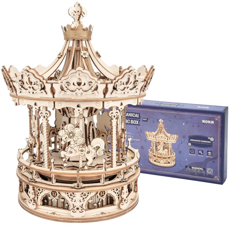 ROKR 3D Wooden Puzzle Carousel Model Building Kits Rotating 5-Horses ...