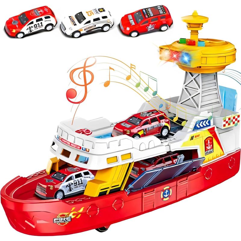 Electronic Coast Guard Ship Toy Set with 3 Cars, Musical Lights, 1:16 ...