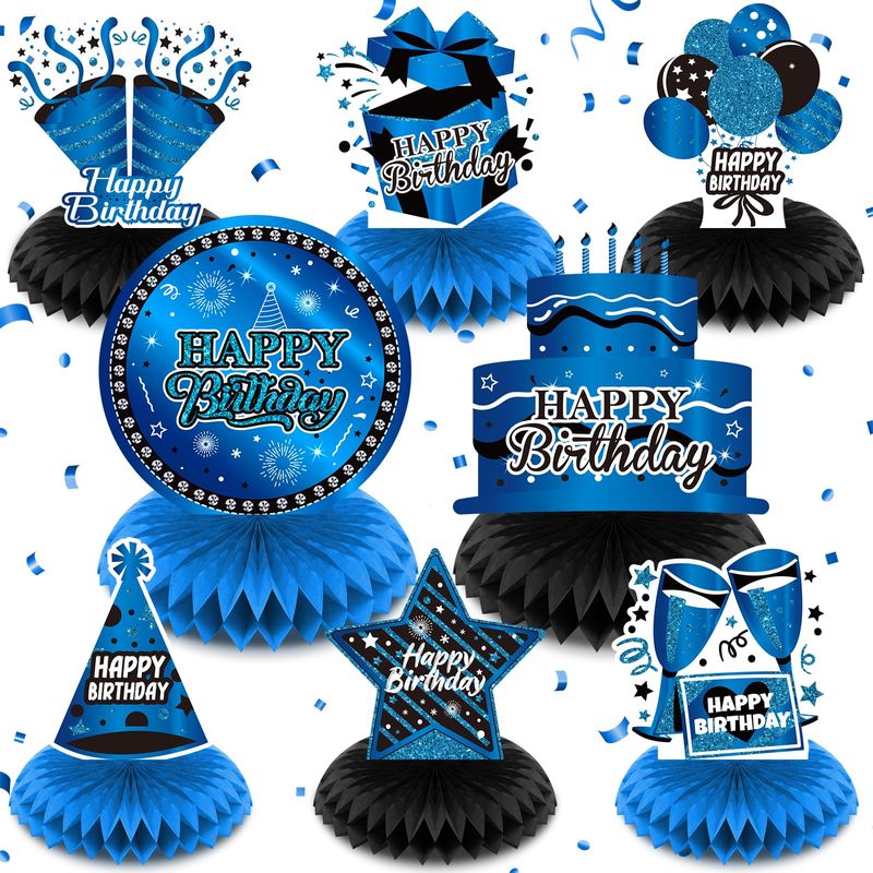 8Pcs Blue Birthday Decorations Blue and Black Happy Birthday Table ...