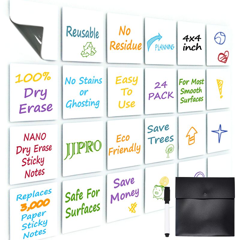 Dry Erase Sticky Notes. Reusable Whiteboard Stickers 4"x4" - 24 Pack ...