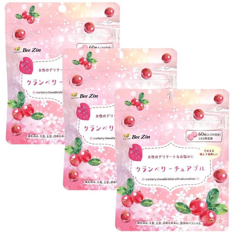 Healthy extract Bee Zin 桜の花エキス入りクランベリーチュアブル 女性のデリケートな部分のお悩みにアプローチ (3 ...