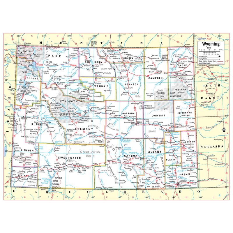 Cool Owl Maps Wyoming State Wall Map Poster Rolled 32"Wx24"H (Laminated ...