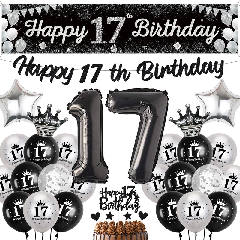 17th Birthday Decorations for Boys Girls - Black Silver Happy 17th ...