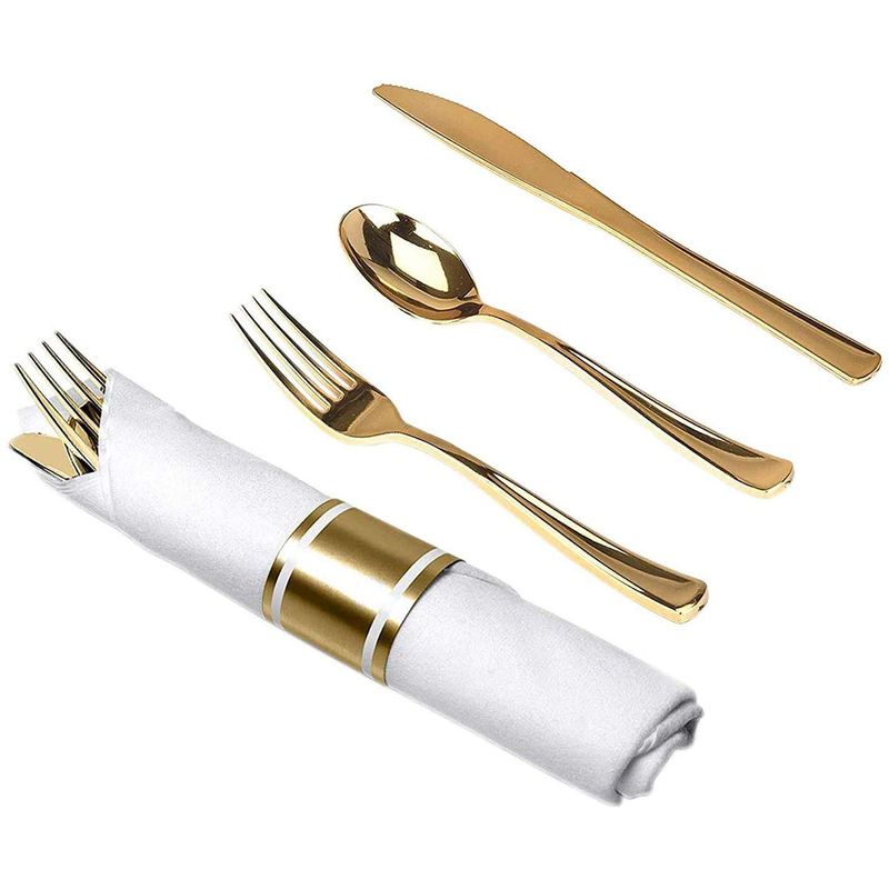 Tiger Chef Pre Rolled Napkin And Cutlery Set White Napkins And Gold