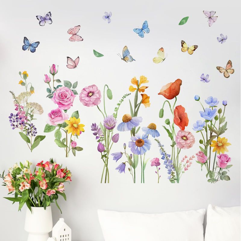 Yovkky Watercolor Wildflower Wall Decals Stickers, Rose Poppy Flowers ...