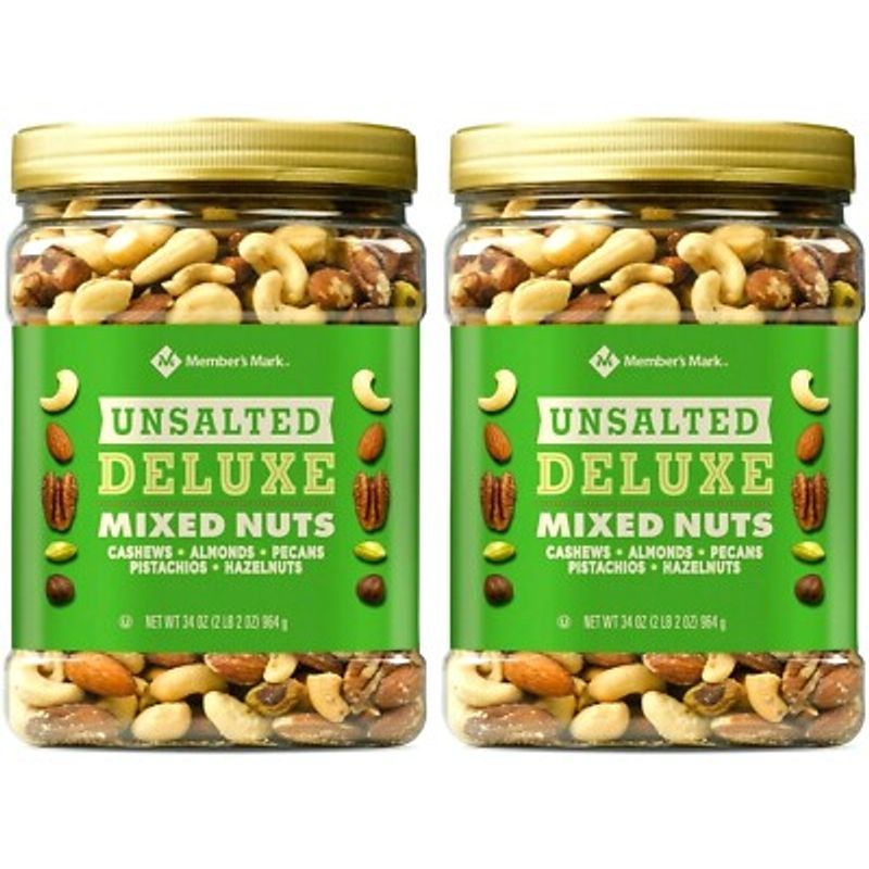 2 Packs Member's Mark Unsalted Deluxe Mixed Nuts 34 oz Each Pack ...