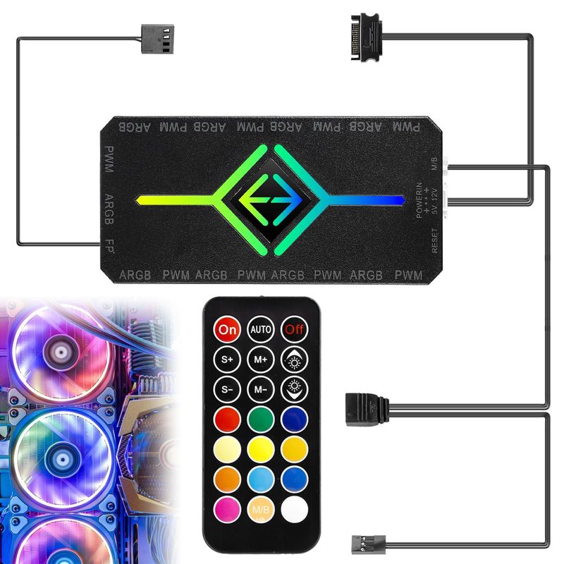 2-in-1 ARGB PWM Fan Hub with Controller, 9 x 4-Pin PWM Fan Connectors ...