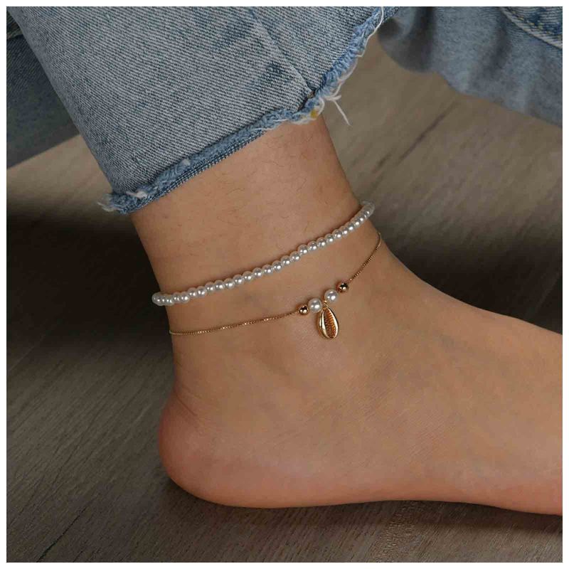 Yheakne Boho Layered Pearl Ankle Bracelet Gold Shell Anklet Bracelet Vintage Cowrie Anklets ...