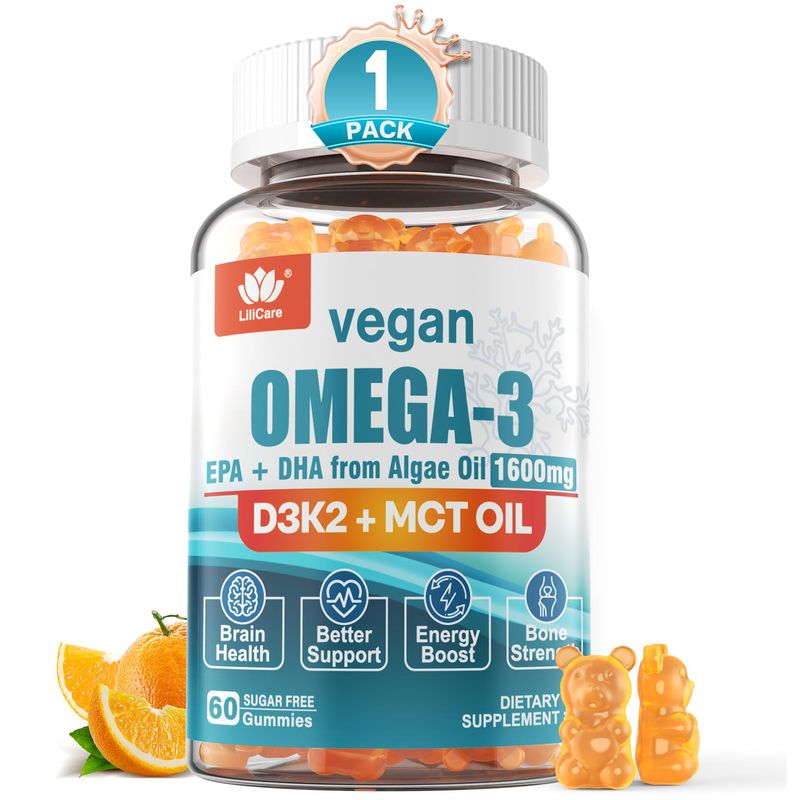 LILICARE Vegan Omega3 Gummies 1280mg + Vitamin D3 K2, Sugar Free Omega ...