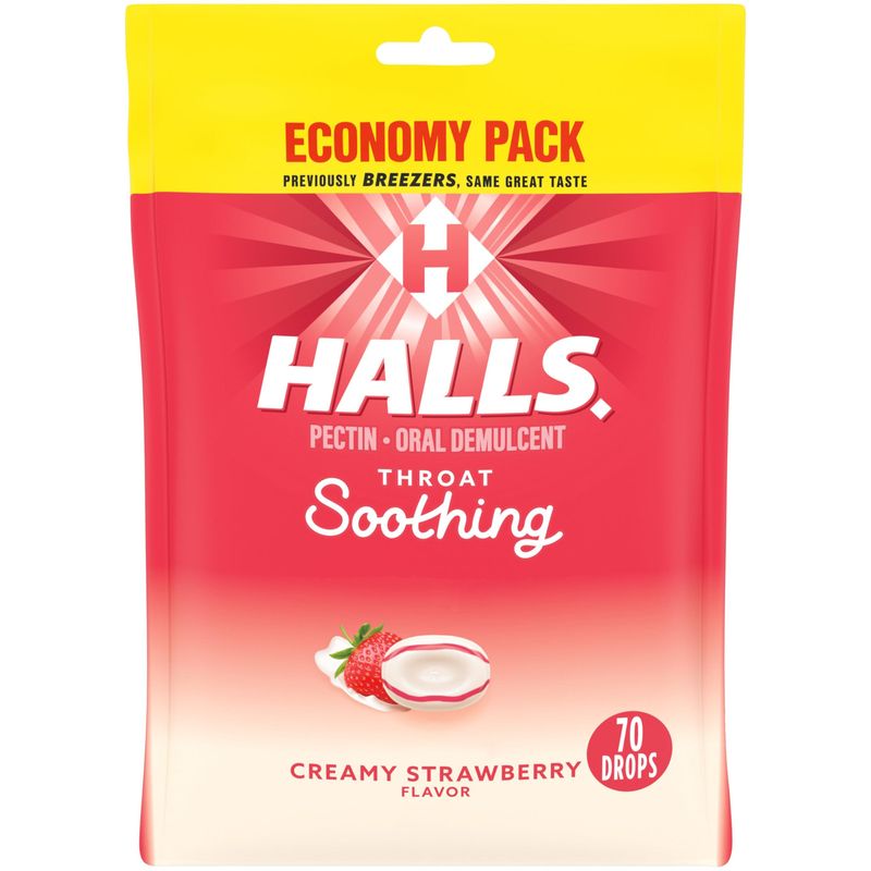 HALLS Throat Soothing Creamy Strawberry Drops 70 Count Sore Throat ...