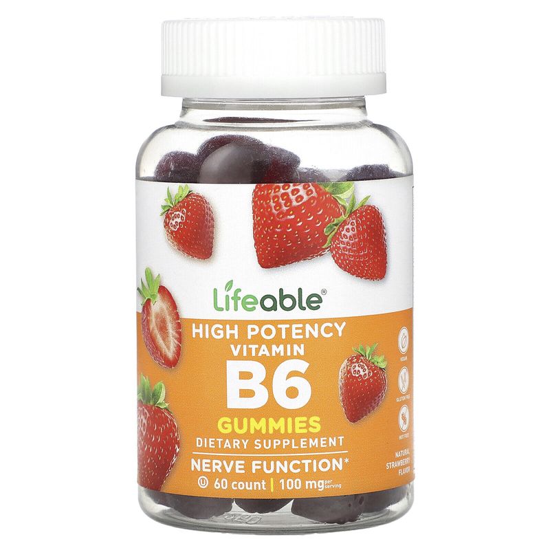 High Potency Vitamin B6 Gummies, Natural Strawberry, 100 mg, 60 Gummies ...
