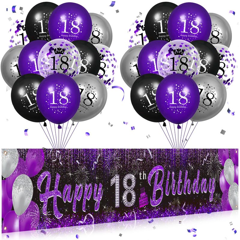 Purple 18th Birthday Decorations, Black Purple Silver Happy 18th ...