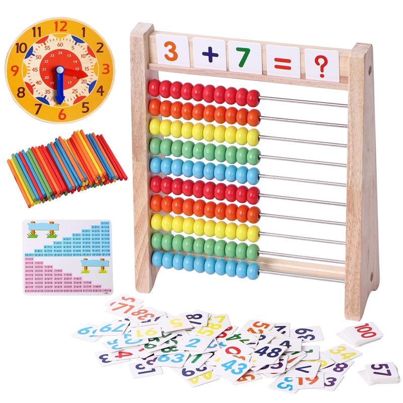 Wooden Abacus for Kids Math Manipulatives Learning Clock for 5 6 7 8 ...