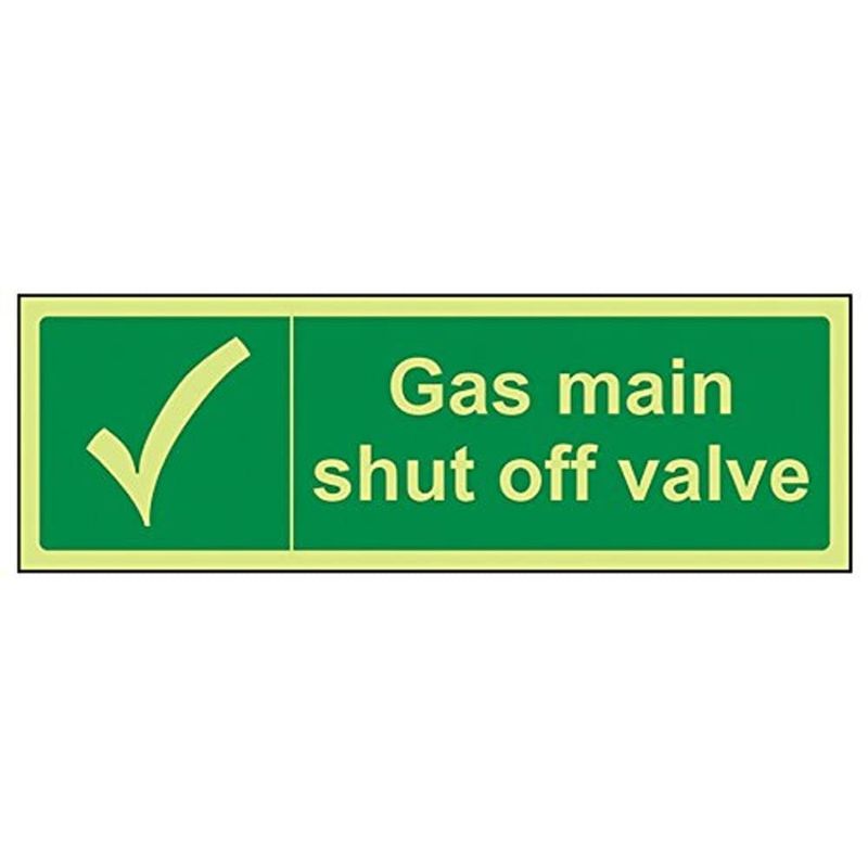 V Safety Glow In The Dark Gas Main Shut Off Valve Sign - 300mm x 100mm ...