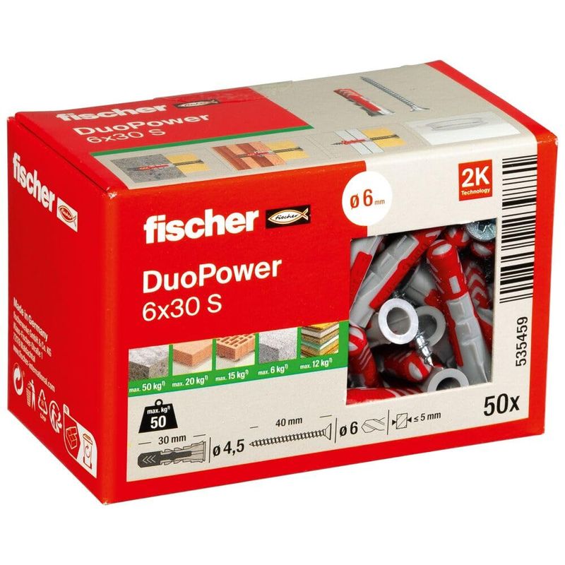 fischer DuoPower 6 x 30 S, powerful universal plug with safety screw ...
