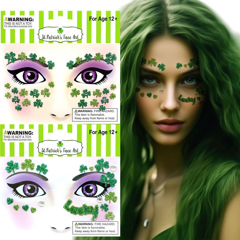 St. Patrick's Day Face Temporary Tattoo Sticker Set Glitter Green ...