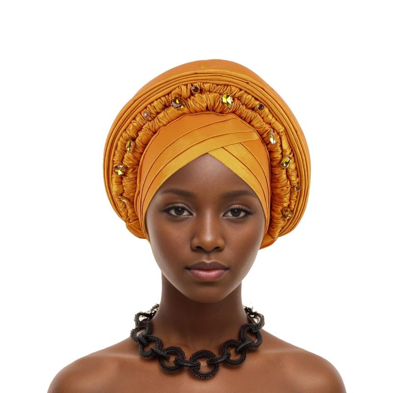 African Autogele Headtie Raw Silk Diamonds Head Wraps Women Turban Cap ...