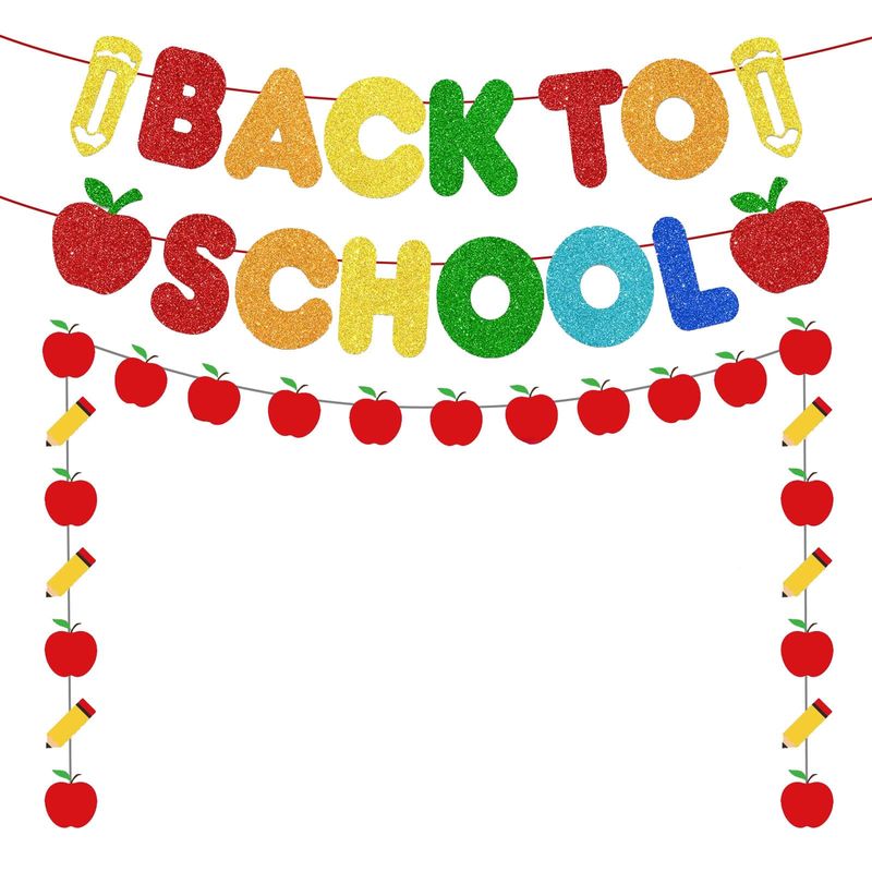 Glitter Back to School Banner, Colorful Pencil Apple Garland First Day ...
