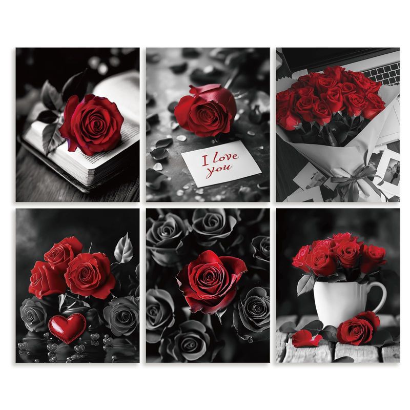 DOODLREAM 6 Pack Red Rose Flower Unframed Waterproof Canvas Wall Art ...