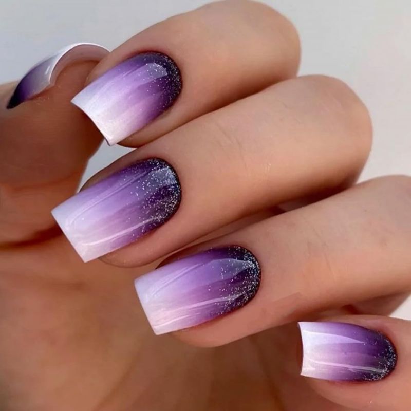 Rilafuvu Square Press on Nails Short Fake Nails Purple Gradient Glue on ...