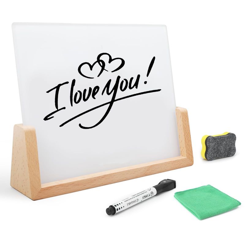 Desktop Glass Whiteboard with Wood Base, Small Whiteboard Glass Dry ...