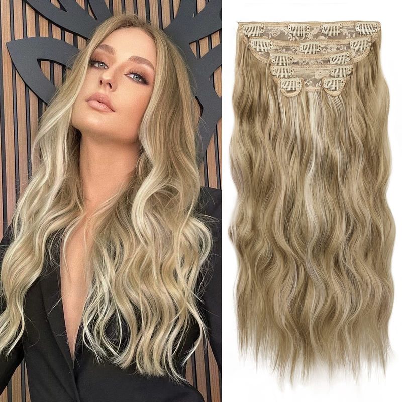 WECAN Clip in Hair Extension 20 Inch Ash Blonde Mix Bleach Blonde 6PCS Long Wavy Curly ...