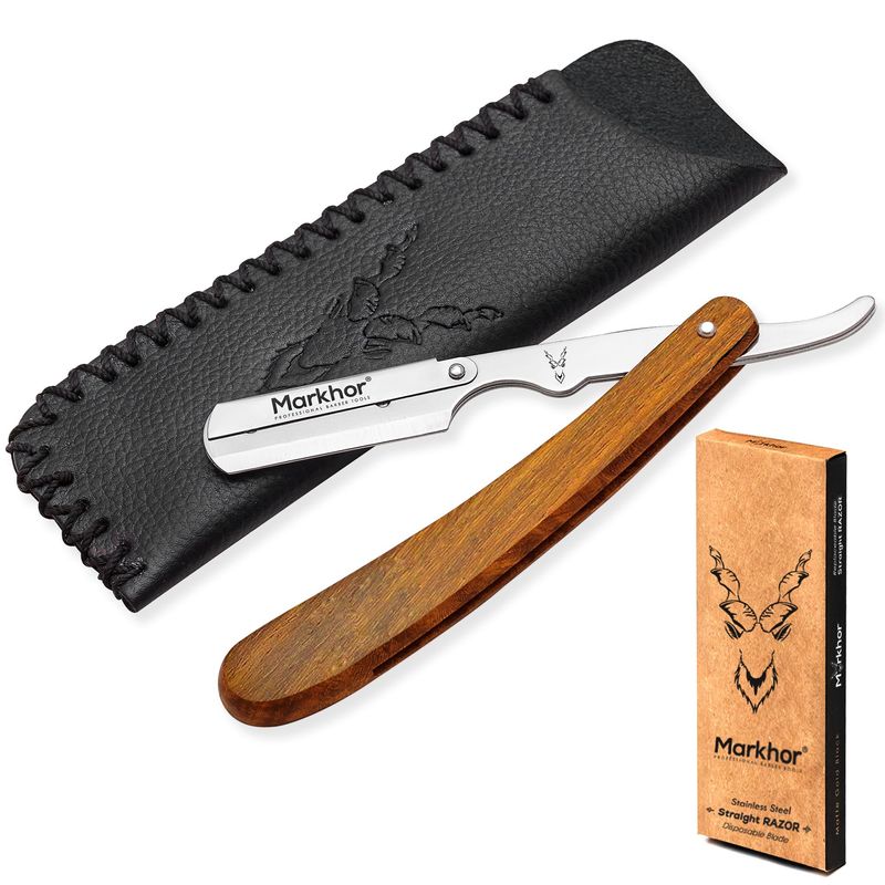 MARKHOR® Cut Throat Razors Kit, Rose Wood Polish Straight Razor ...