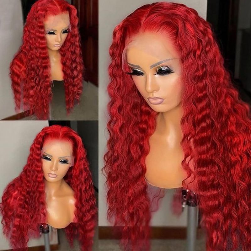 PlatinumHair Bright Red Loose Curly Lace Front Wigs Pre Plucked Loose ...