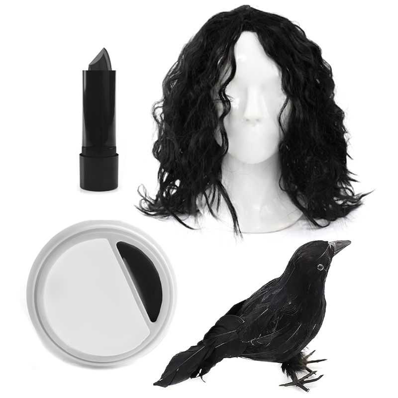 Adults Crow Accessory Set - Long Black Wig, Black Crow Prop, Black ...
