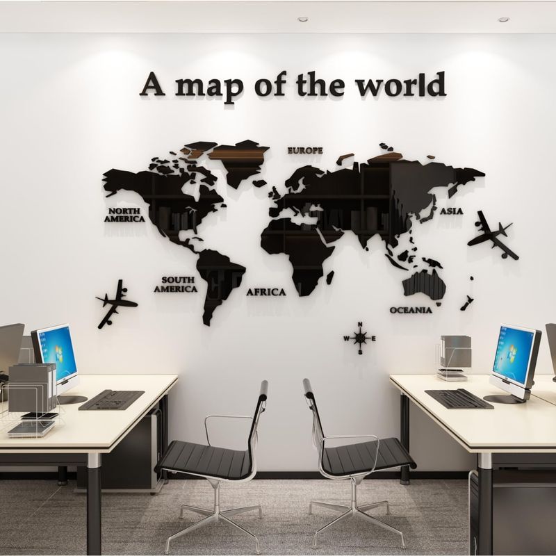 WINDIR 3D World Map Wall Stickers Decor Murals DIY Decal Black 71x40 ...