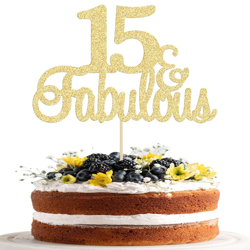 Gyufise Pack of 3 15 & Fabulous Cake Toppers Gold Glitter Fifteen and ...