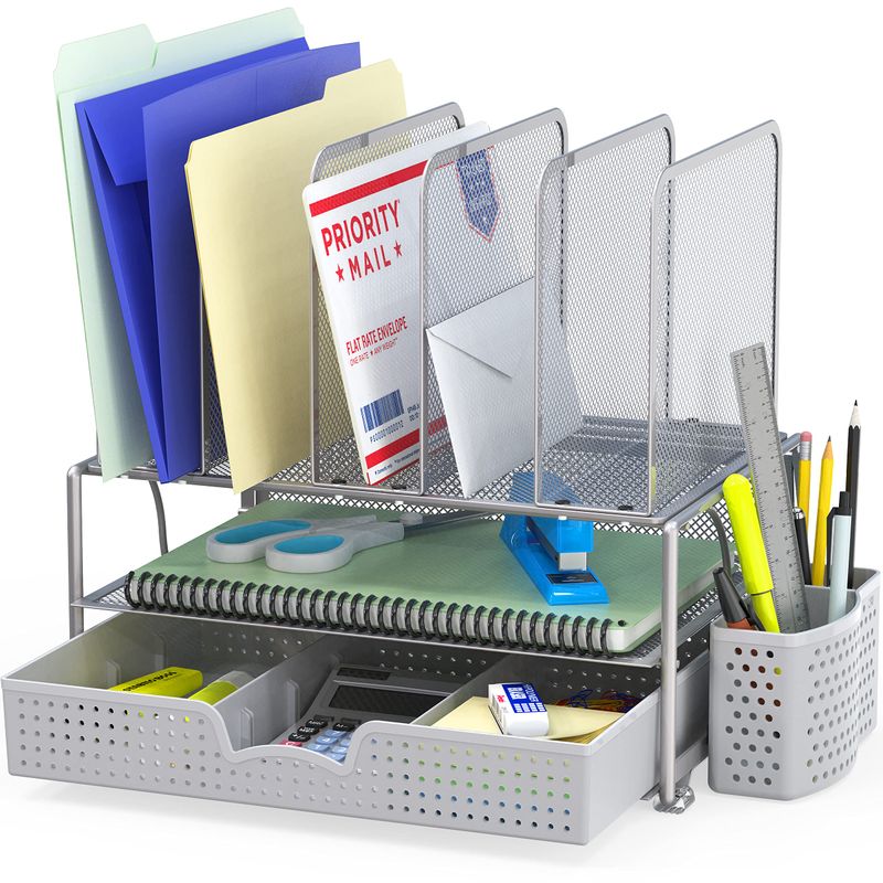 SimpleHouseware Mesh Desk Organizer with Sliding Drawer, Double Tray ...