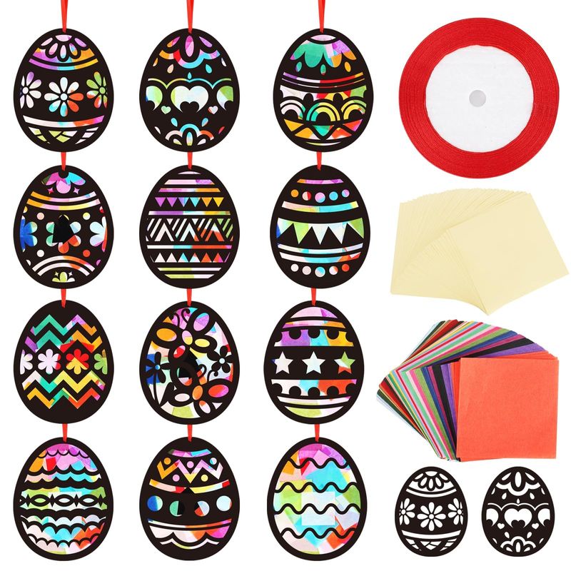 48 Pcs Easter Egg Paper Suncatcher Craft Kit for Kids Easter Egg Shaped ...