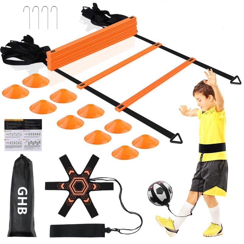 GHB Pro Agility Ladder Soccer Kick Trainer Set 20ft 12 Rung 10 Cones and 4 Stakes Speed Agility ...