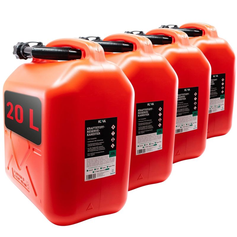 KOVA 4 x Petrol Can 20 L Red Plastic Diesel Canister Reserve Canister ...
