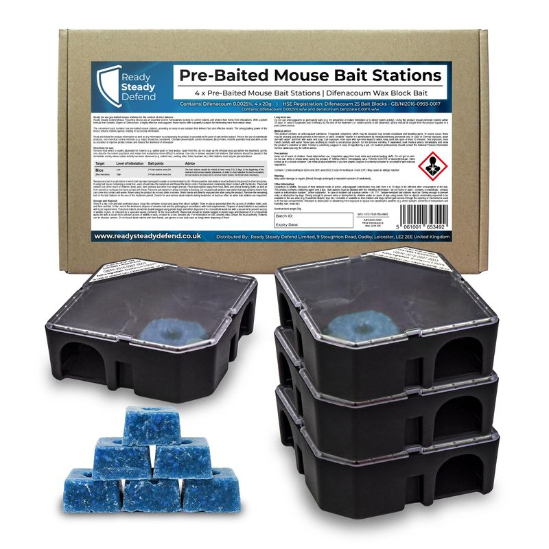 Pre-Baited Clear Mouse Control Boxes (4 x 10g), Difenacoum Bait Blocks ...