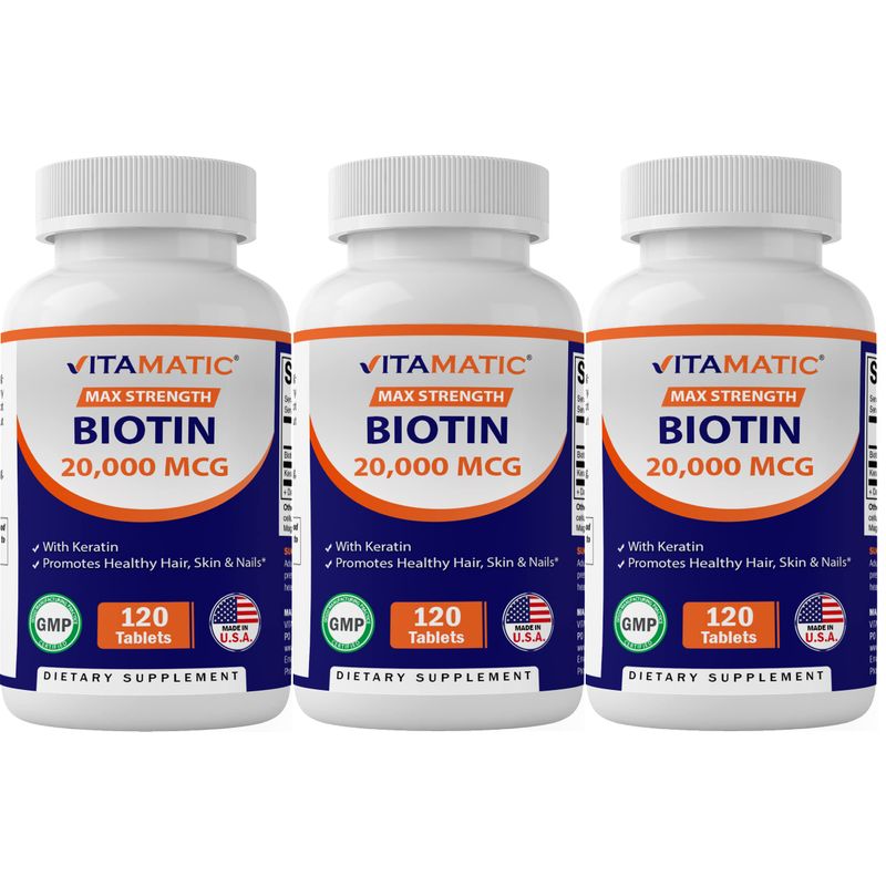 Vitamatic High Potency Biotin 20000 mcg (20mg) with Keratin 100mg - 120 ...