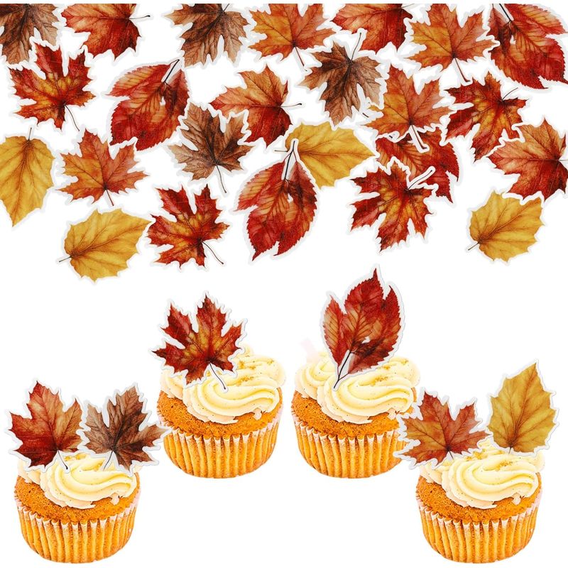 SYKYCTCY 48 Pack Edible Maple leaves Cupcake Toppers Leaf Cake Toppers ...