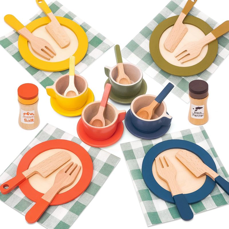 HAPGFS 30 PCS Wooden Play Dishes and Plates for Kids, Montessori Wooden ...
