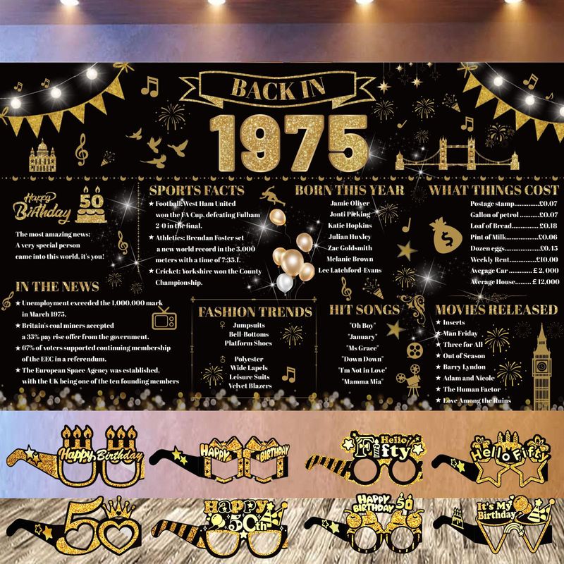 50th Birthday Decorations - Large Back in 1975 Backdrop Banner, Black ...