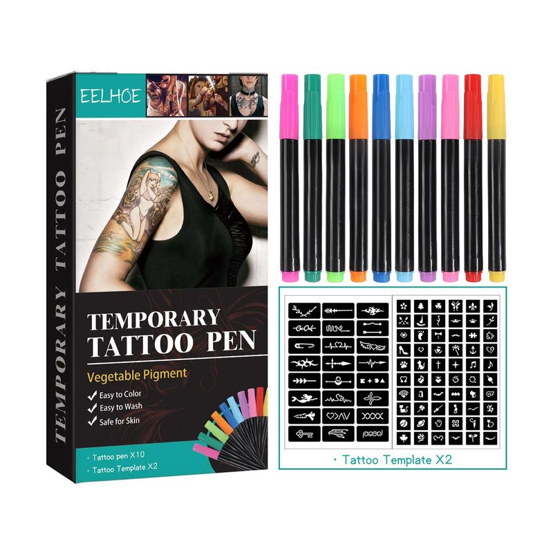 Temporary Tattoo Pen with 10 Tattoo Pens and 2 sheets Tattoo Stencils,Shimmery Body Tattoo ...
