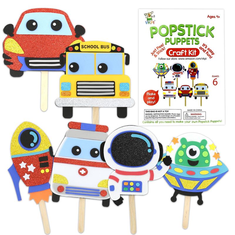 VKPI Make 6 Popstick Puppets Craft Kit for Kids, Foam Art Crafts Gift ...