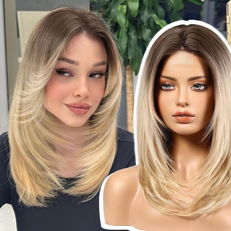 EMMOR Short Layered Wigs,Natural Medium Length Central Lace Layered ...