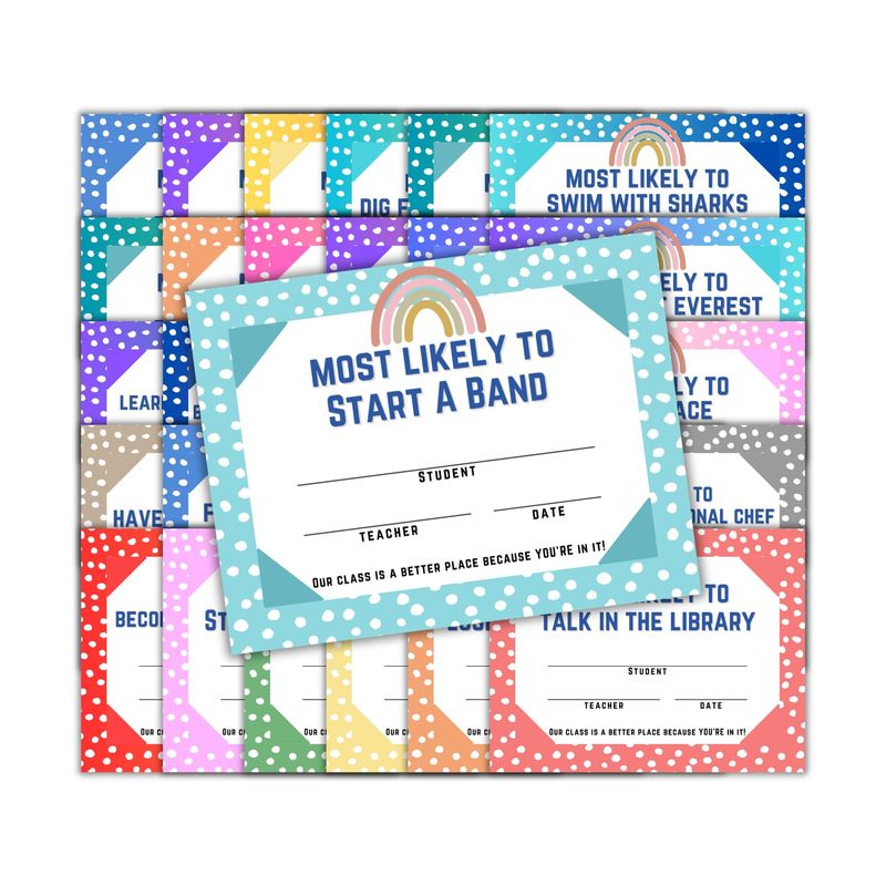 Most Likely To Superlative Awards 30pk 8.5x11” Rainbow Polka Dot ...