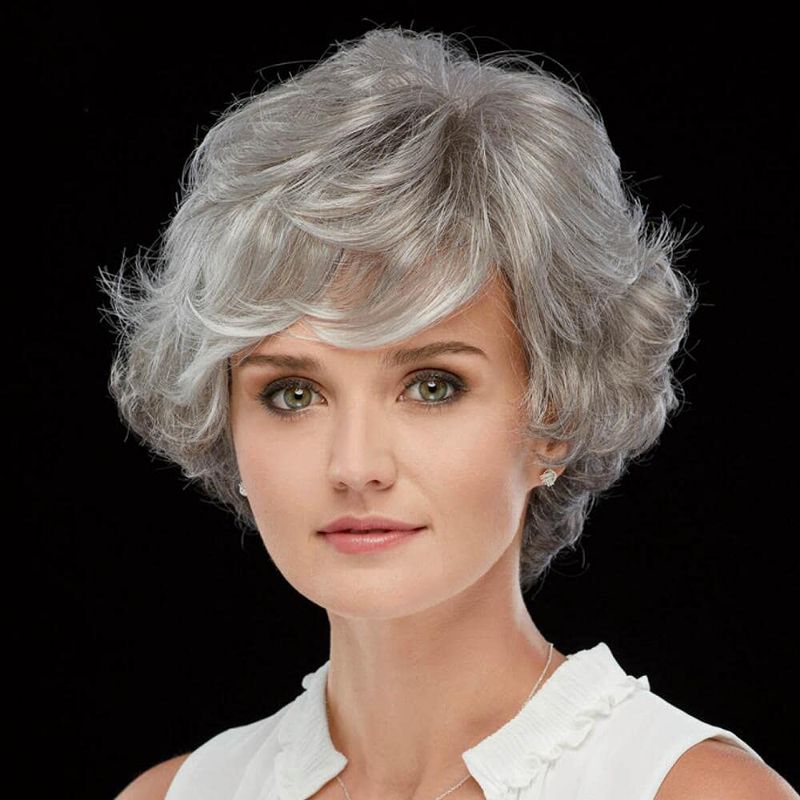 Wiwige Short Curly Fluffy Wig Silver Mixed Brown Layered Messy Shaggy ...