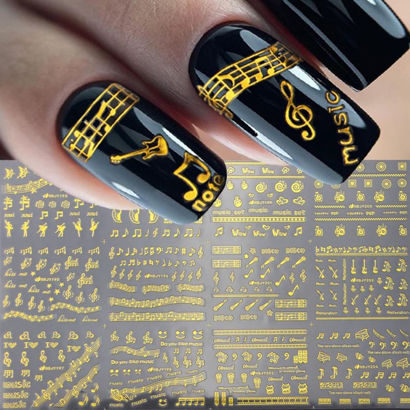 12 Sheets Gold Music Notes Nail Sticker Decals- Metallic Nail Supplies ...
