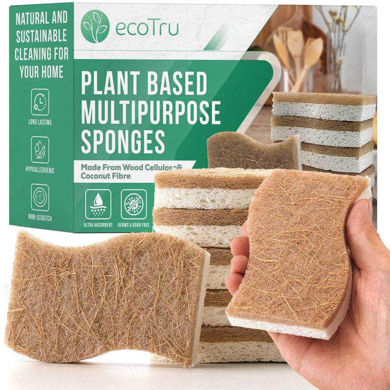ecoTru 6 Pack Natural Kitchen Sponges, Compostable White Cellulose ...